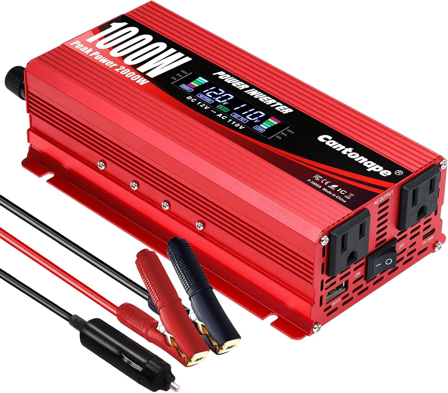 1000W/2000W(Peak) Car Power Inverter DC 12V to 110V/120V AC Converter ...