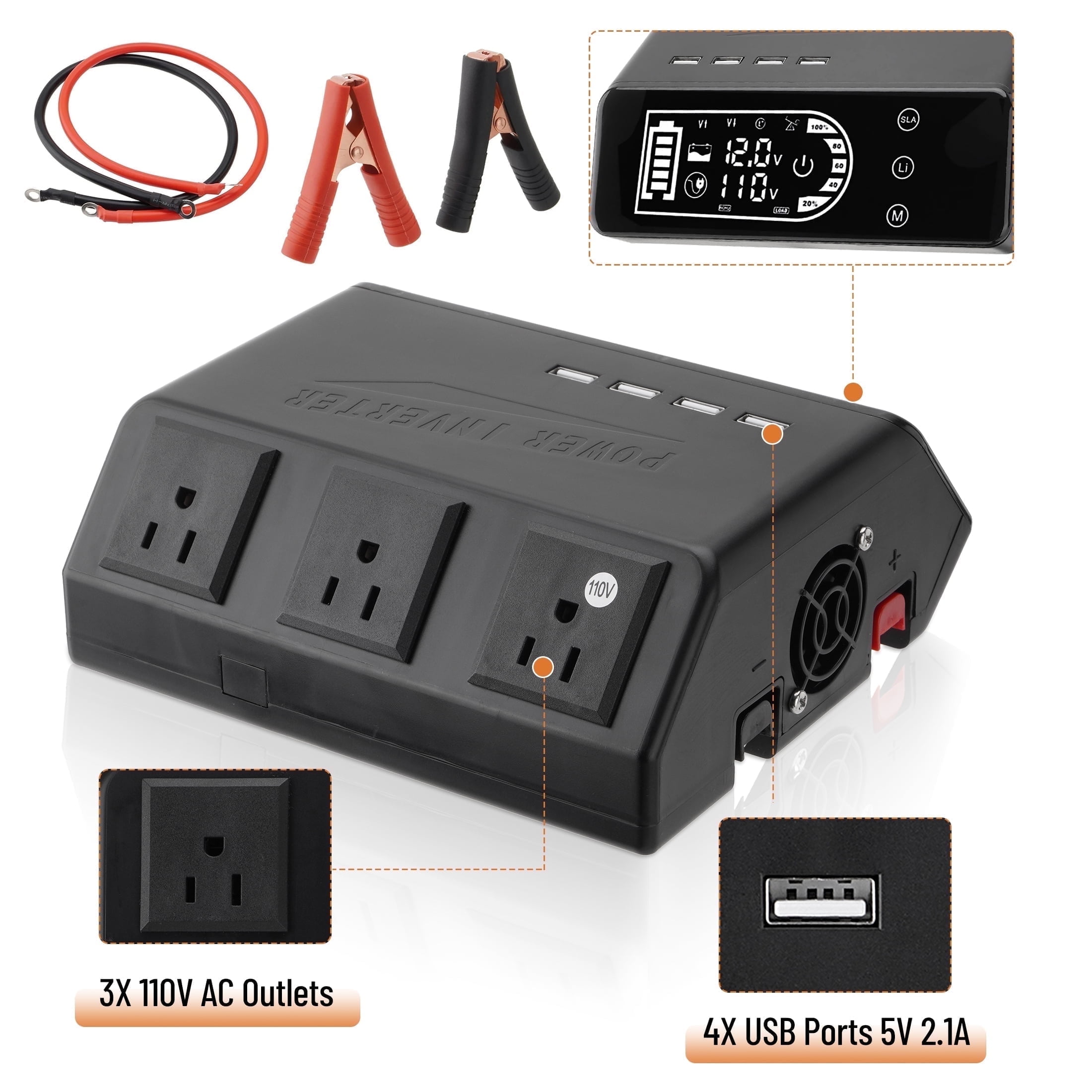 1000W/2000W Power Inverter, Pure Sine Wave Inverter DC 12V to AC 110V ...