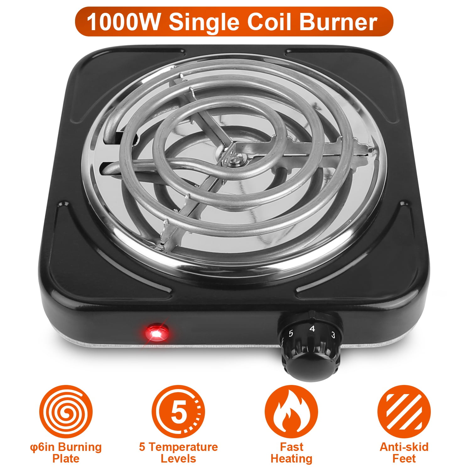 1000W Electric Single Burner TeqHome Portable Coil Heating Hot Plate ...
