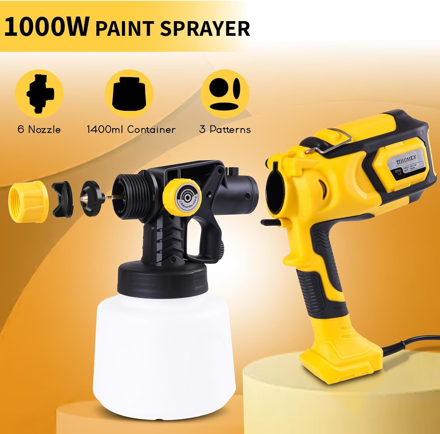 1000W Paint Sprayer with Cleaning & Blowing Joints, 1400ml Cup Spray ...