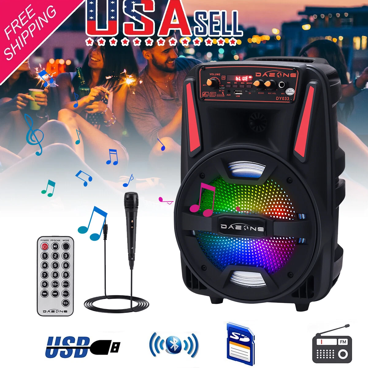 1000W Portable Bluetooth Speaker 8" Subwoofer Heavy Bass Sound System ...