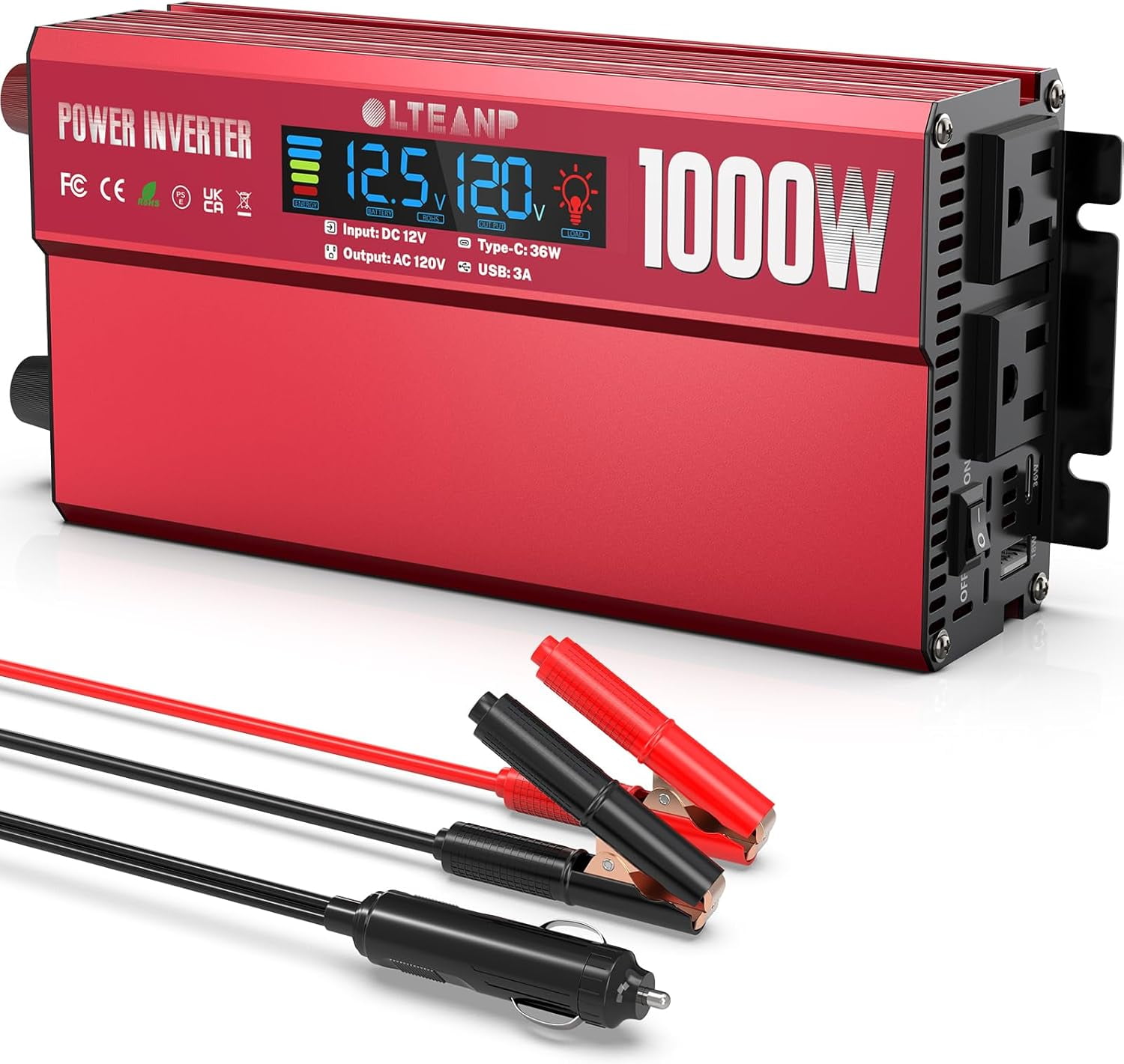1000W Power Inverter with LCD Screen Display, 2 AC Outlets, 36W Type-C ...