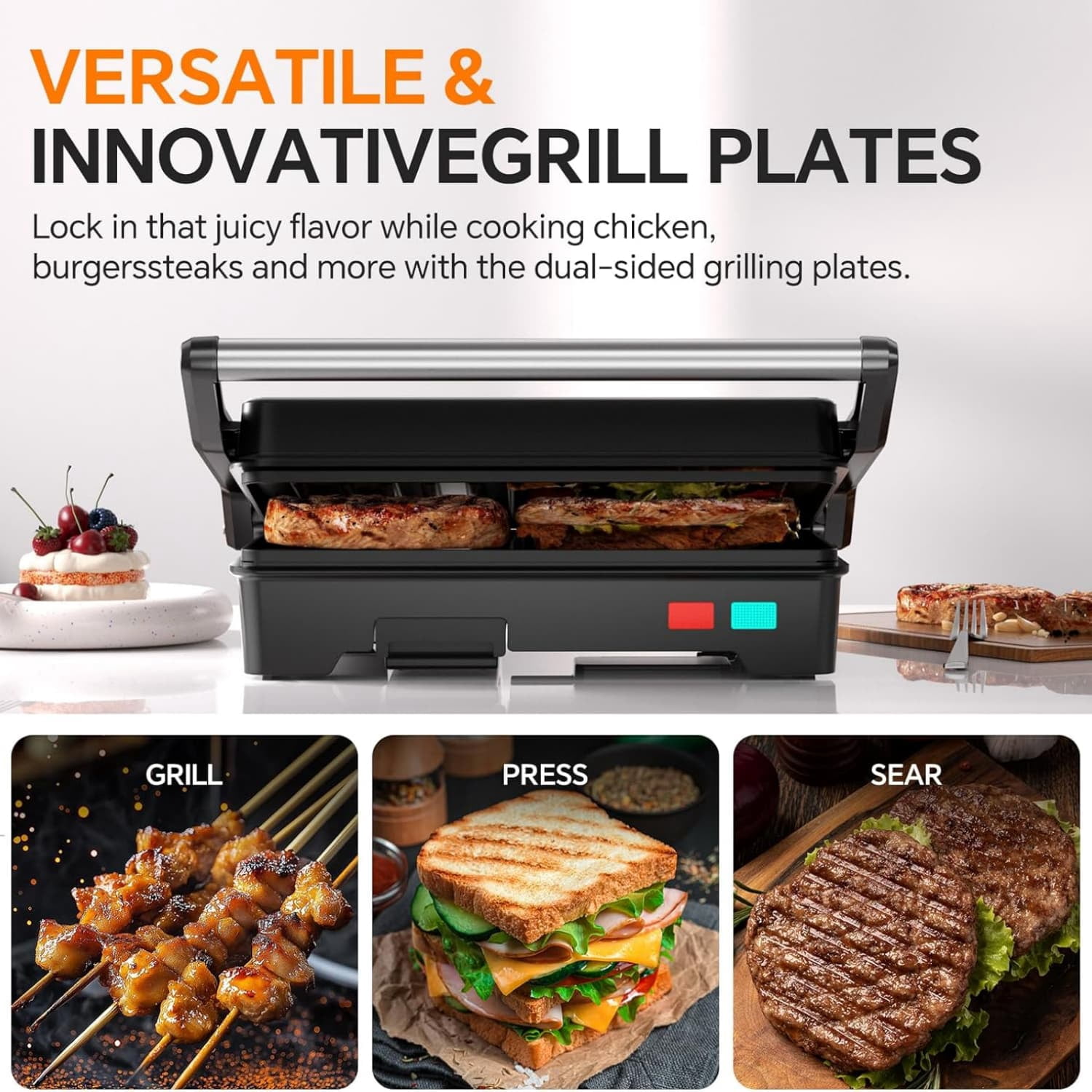 1000W Sandwich Maker with Non-Stick Coated Plates, Opens 180 Degrees ...