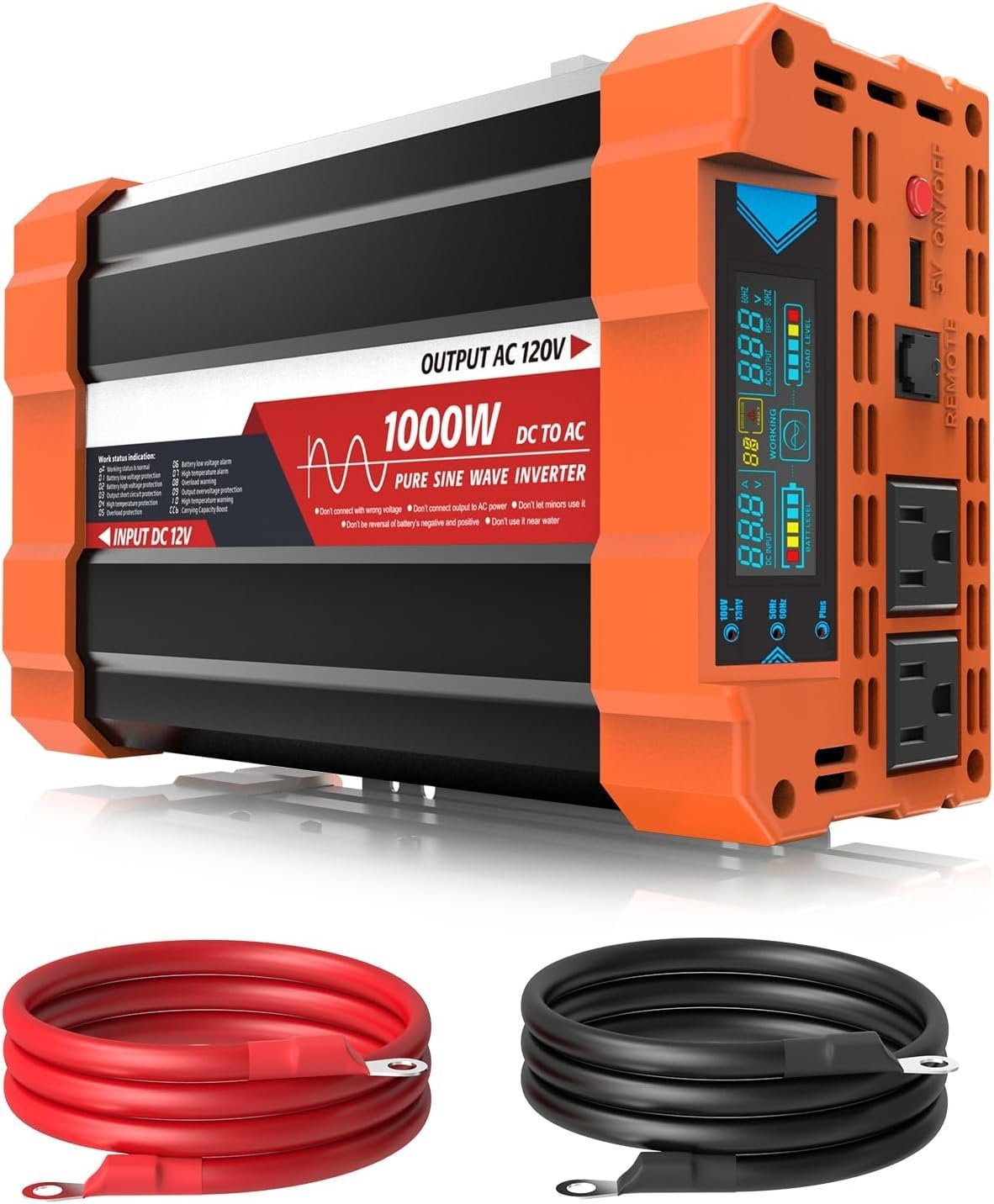 1000Watt Pure Sine Wave Inverter 12V DC to 120V AC for RV, , Off-Grid ...