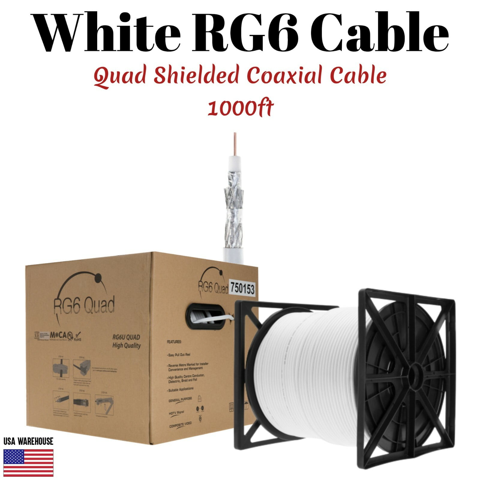 1000ft RG6 Quad Shield Coaxial Cable White Wire TV Antenna Satellite 18AWG Bulk - Walmart.com