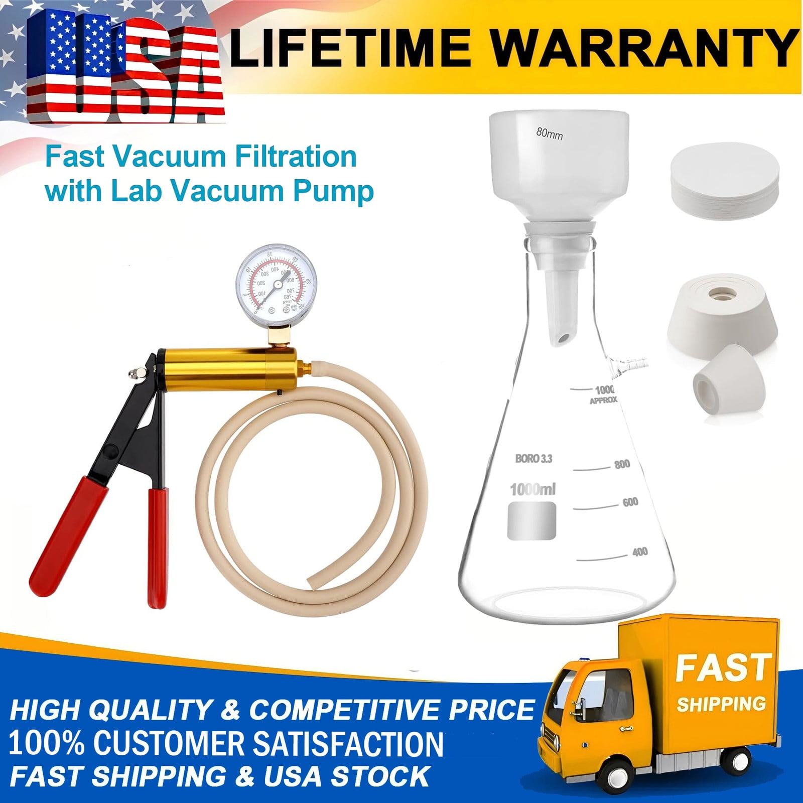 1000ml Buchner Funnel Flask Kit with Hand Pump Vacuum Filtering Lab ...