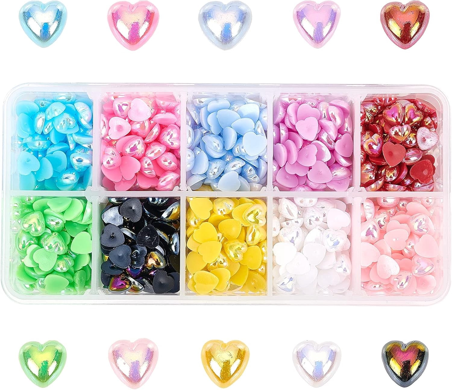 1000pcs 10 Colors Acrylic Heart Shape Cabochons Beads Flat Back ...