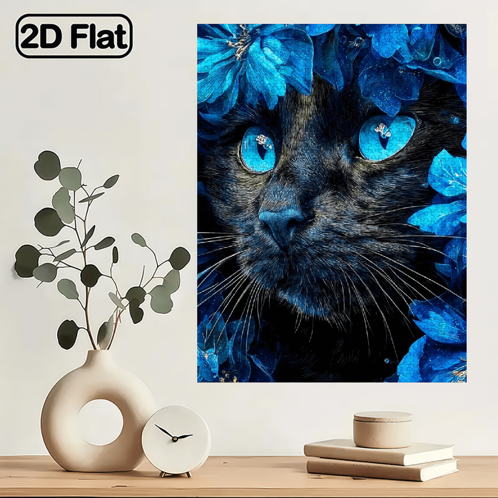 1000pcs Black Cat Blue Flowers Puzzle High-Difficulty Cardboard Puzzle ...