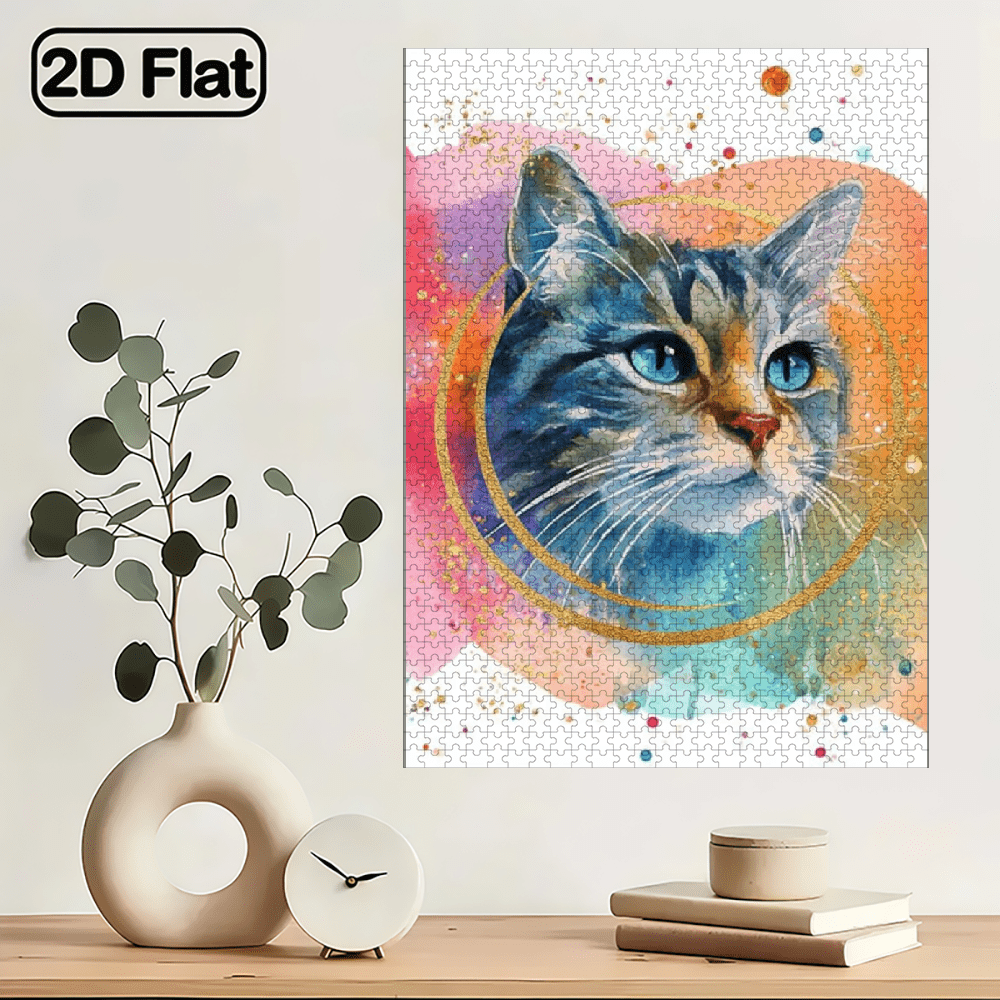 1000pcs Puzzle - Cute Blue-Eyed Tabby Cat Watercolor Painting with ...