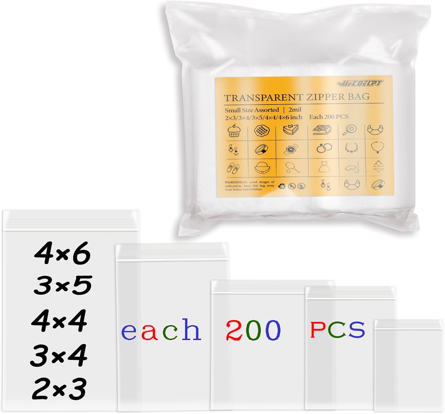 1000pcs Various Small Size Ziplock Bags, 5 Assorted Sizes, Each 200x ...