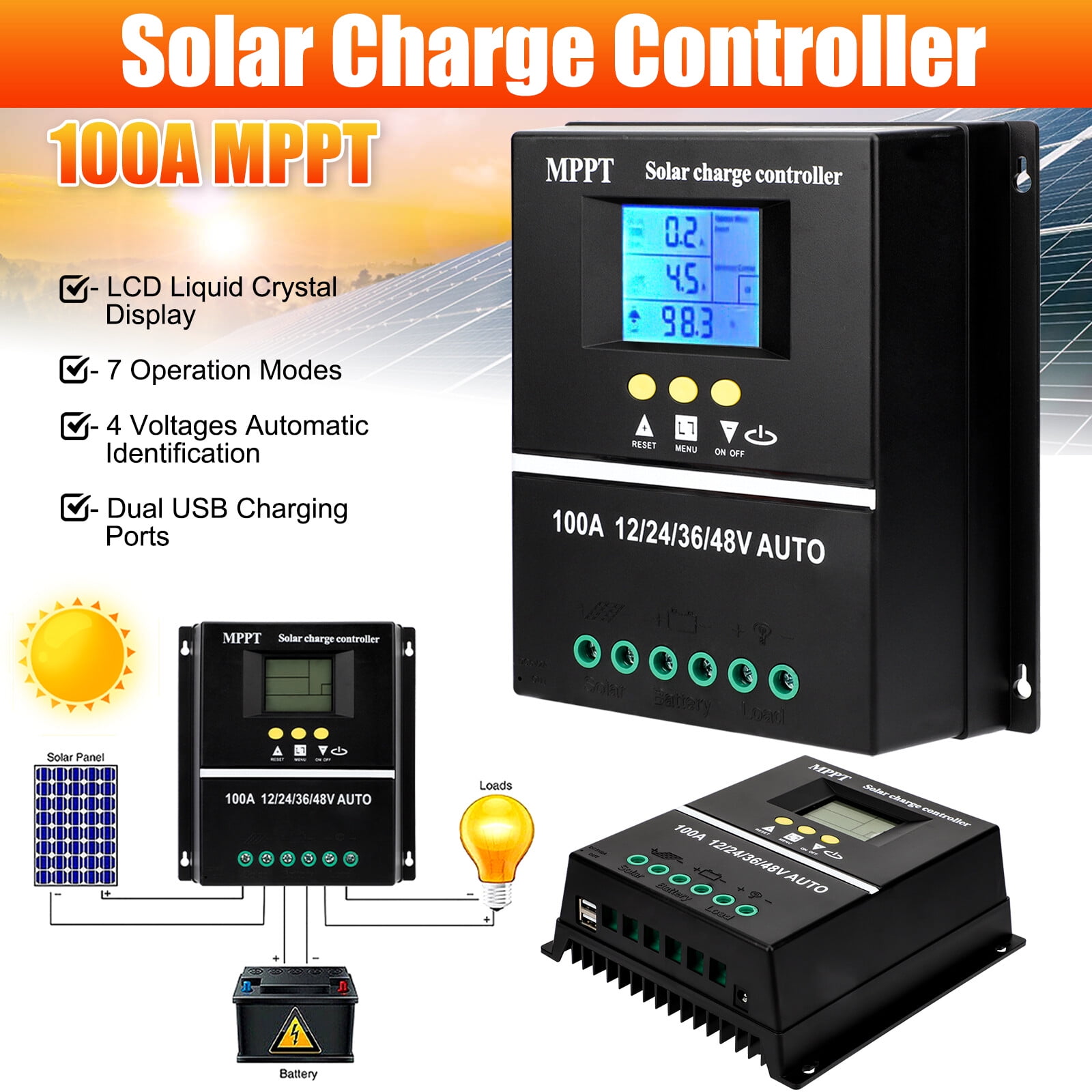 100A MPPT Solar Panel Kit PV Regulator Charger Controller Auto Focus 24V 36V 48V - Walmart.com