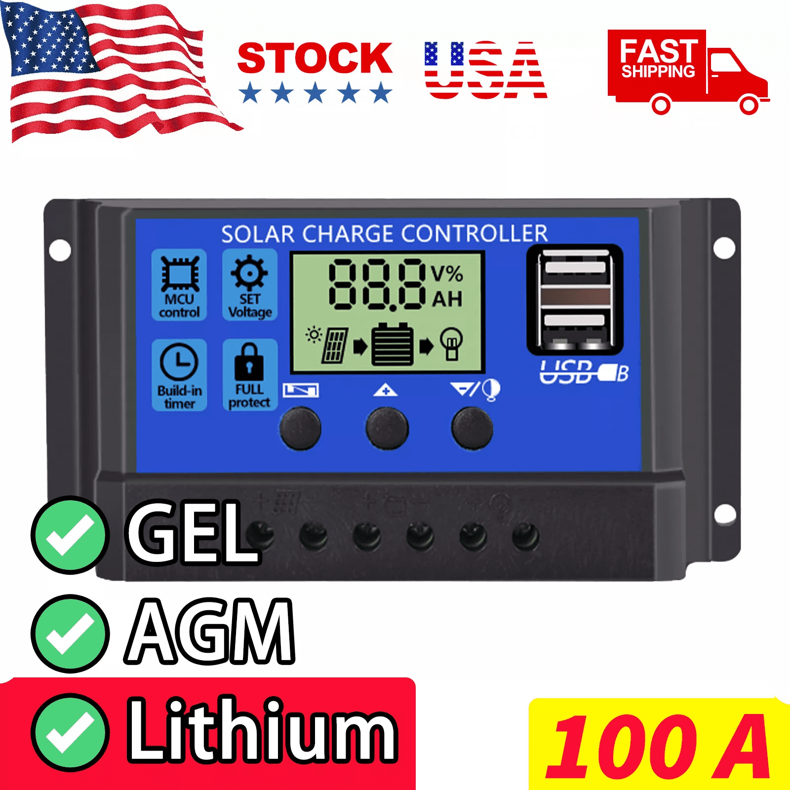 100A Solar Panel Battery Charge Controller 12V/24V LCD Regulator Auto ...