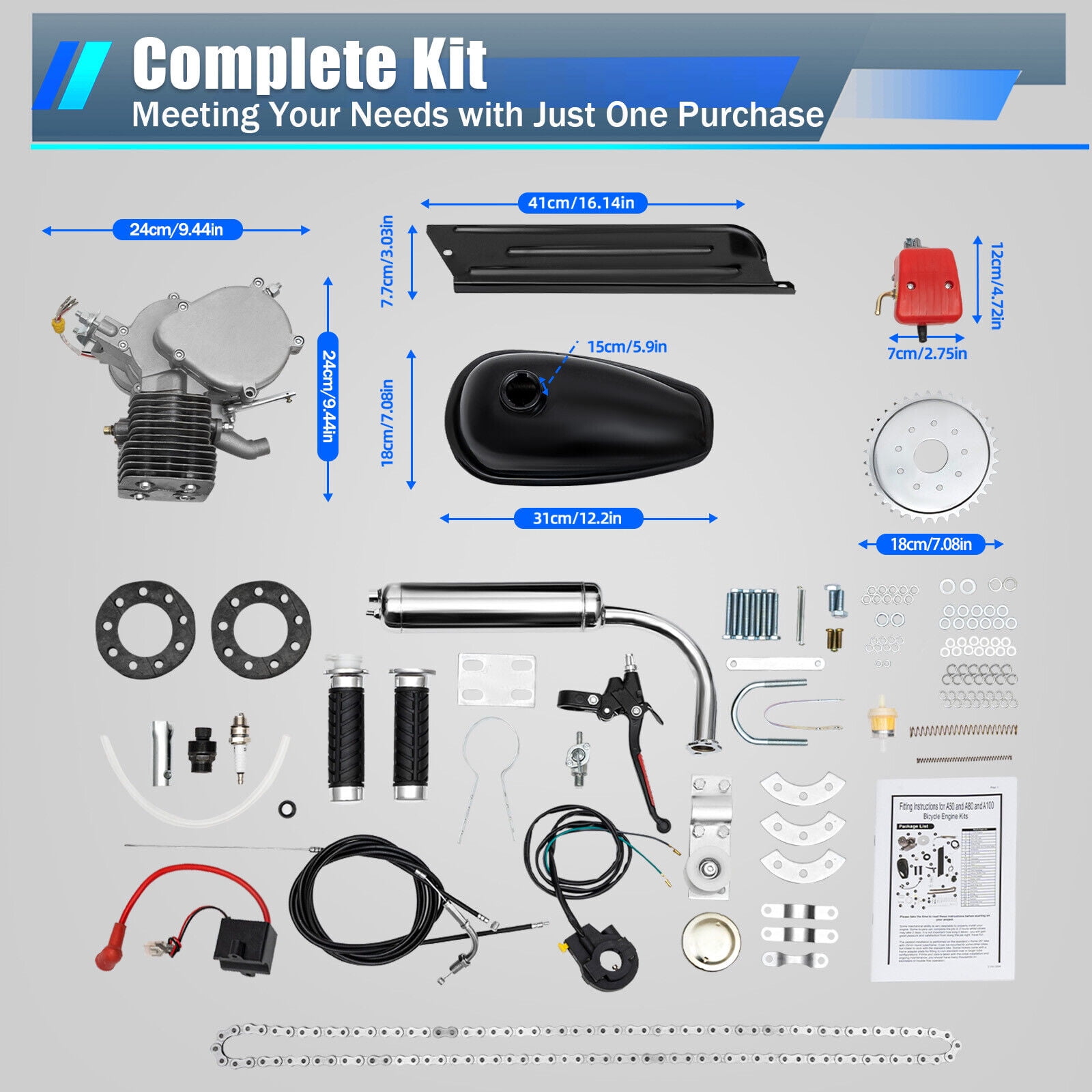 100CC Bicycle Motorized 2 Stroke Gasoline Petrol Bike Engine Motor Kit ...