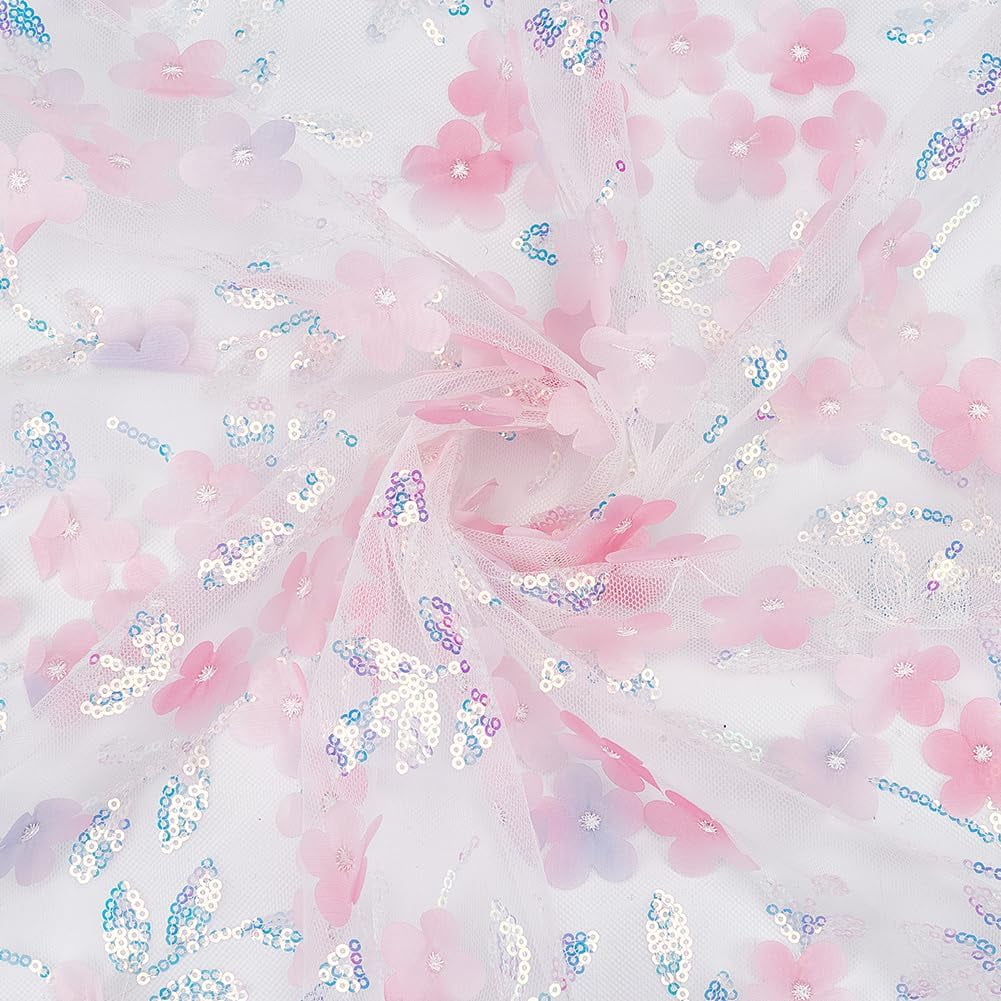 100CM Blue Sequins Sheer Mesh Fabric 3D Embroidered Pink Flowers Tulle ...