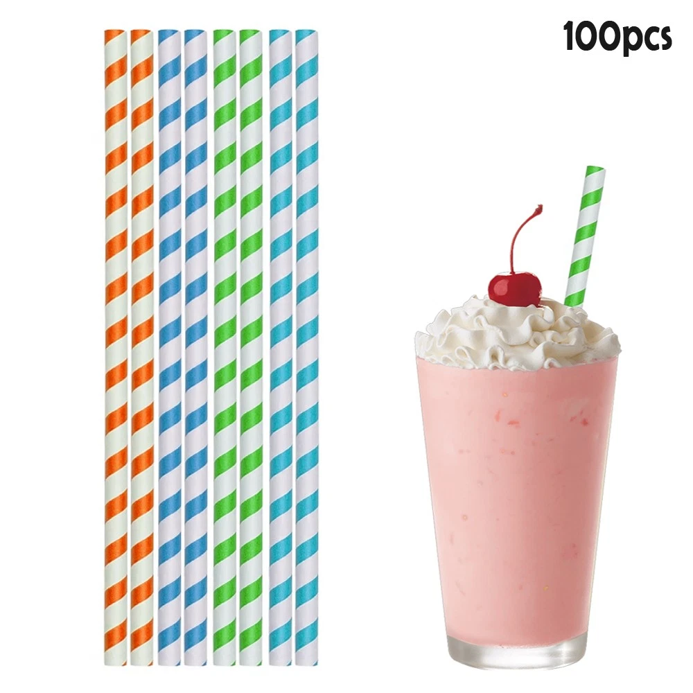 100Ct Paper Straws Smoothie 10.25" Eco-Friendly Color Stripes Home ...
