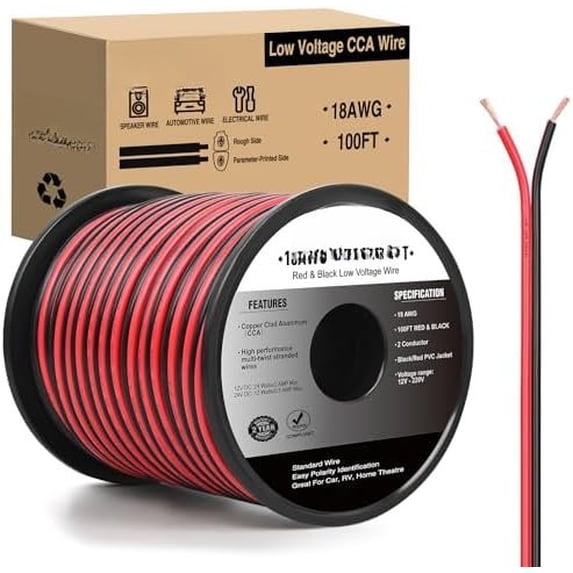 100FT 18AWG Copper Clad Wire 18/2 Gauge Red Black CCA Electrical 2 ...