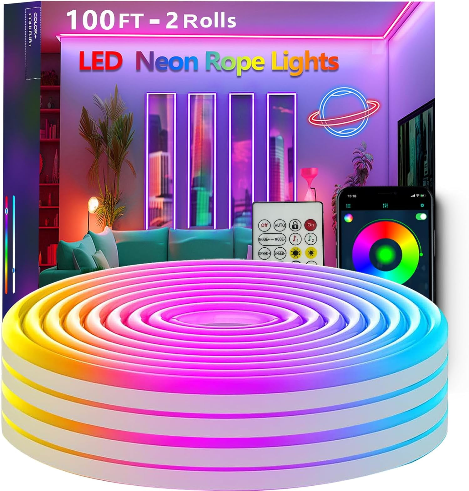 100FT (2 Rolls 50FT) Neon Rope Lights,Flexible Rope Light Control with ...