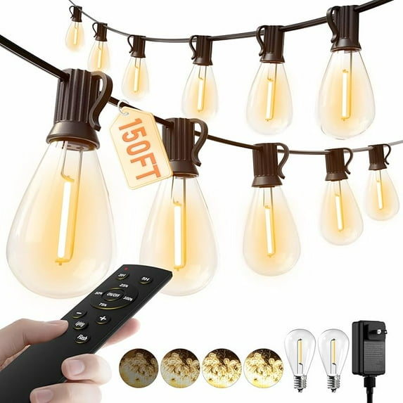 100FT LED Outdoor String Lights with Remote, 35+ 1 Shatterproof Bulbs ...