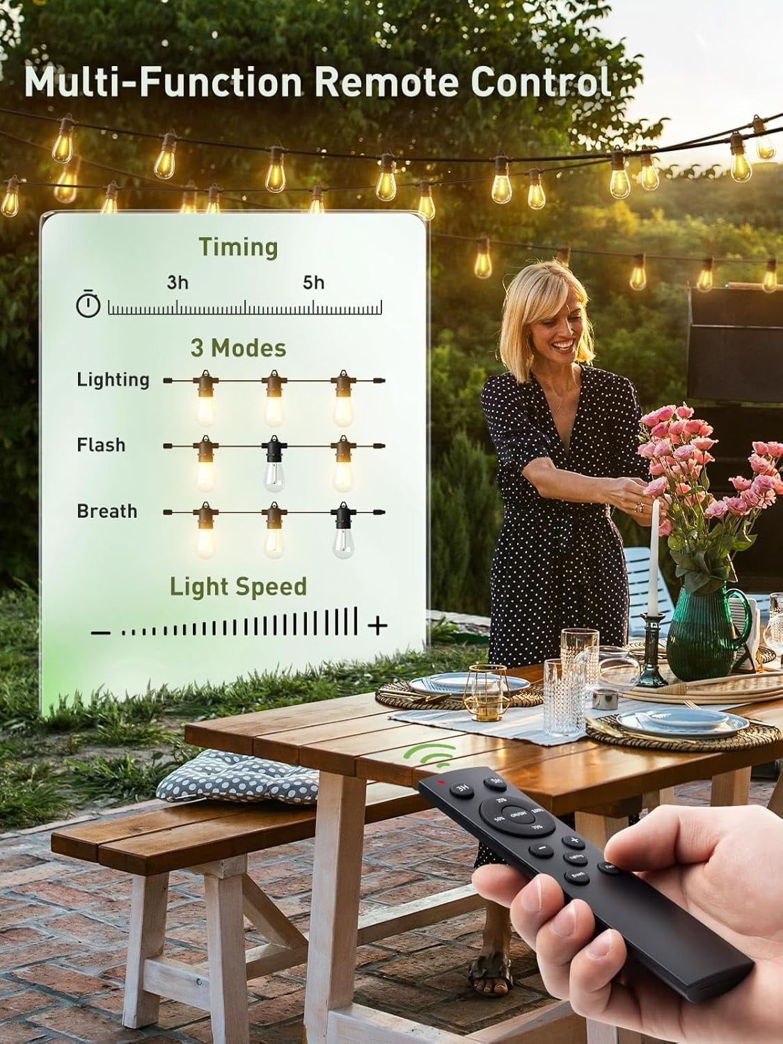 “100FT LED Outdoor String Lights – Remote Dimmable Patio Lights with ...