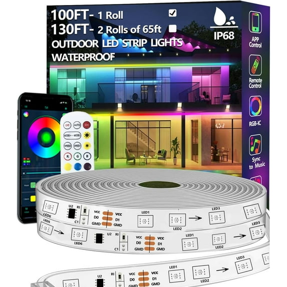 100FT Outdoor LED Strip Light ,IP68 Outside RGB+IC Light Strip with App ...