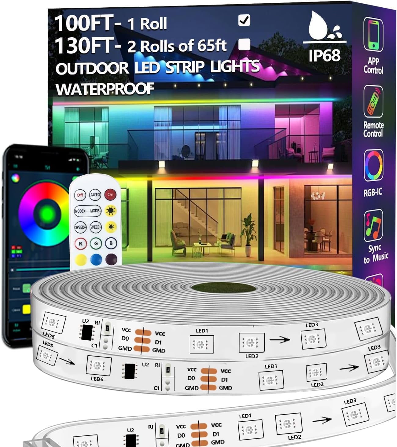 100FT Outdoor LED Strip Light IP68 ,Outside RGB+IC Light Strip with App ...