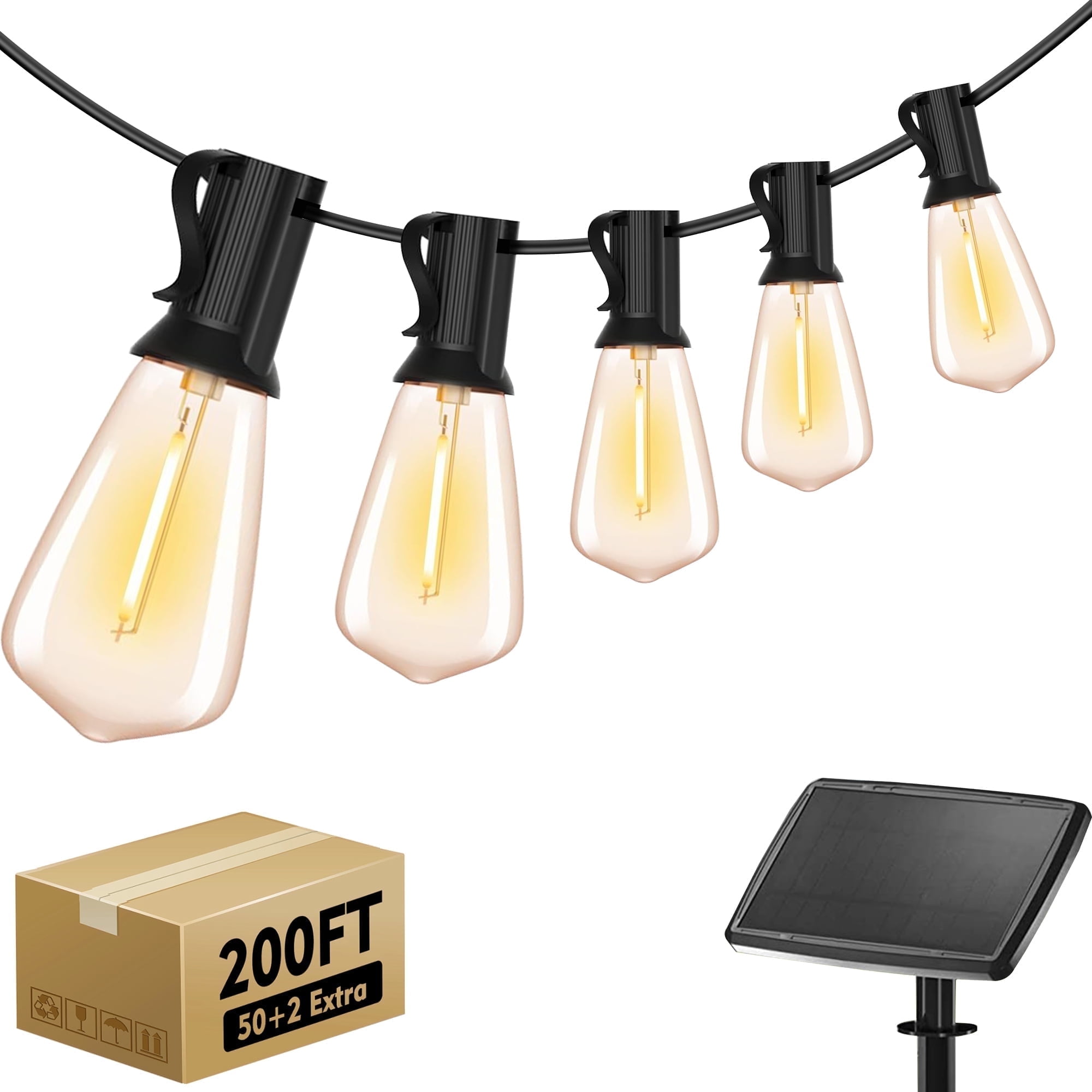 200FT(100ft*2) Outdoor Solar String Lights,with Shatterproof Edison ...