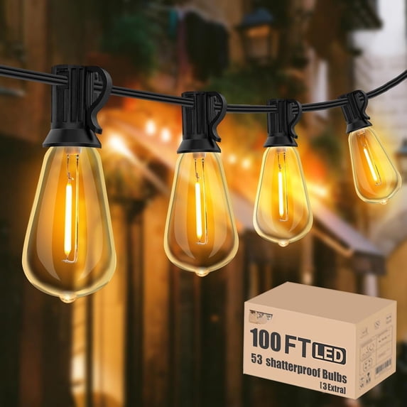 100FT Outdoor String Lights LED Dimmable Patio Lights String with 50+3 ...