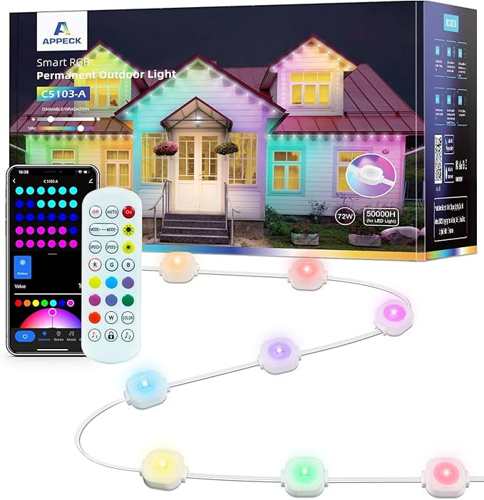 100FT Permanent Outdoor RGB Lights,IP67 Waterproof Smart LED Eaves ...