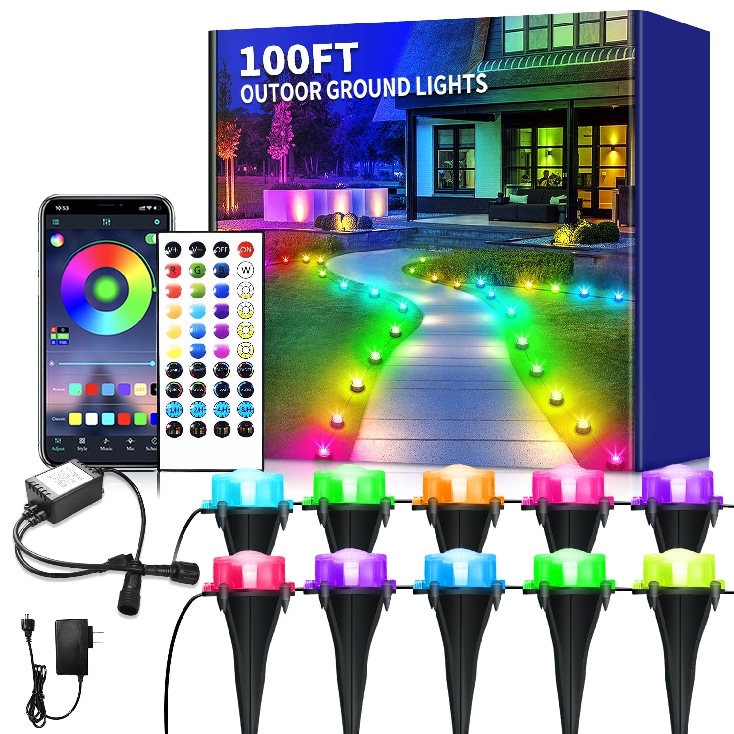 100FT RGB Outdoor Ground Lights, Color-Changing Path Lights with Remote ...
