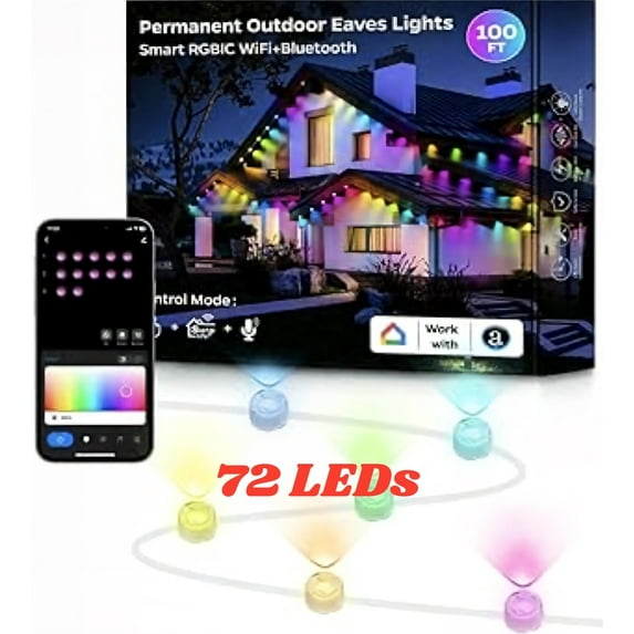 100FT Smart Permanent Outdoor Eaves Lights 72 LEDs RGB IC Bluetooth APP ...