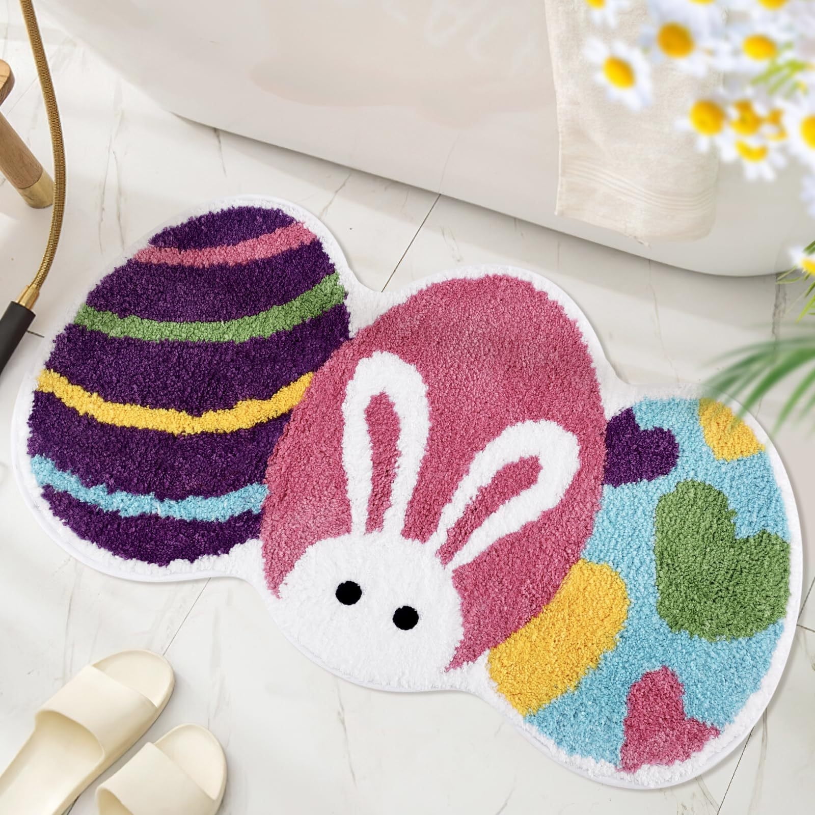 100Fens Easter Bathroom Rug Easter Eggs Bunny Mat Easter Kitchen Rugs ...