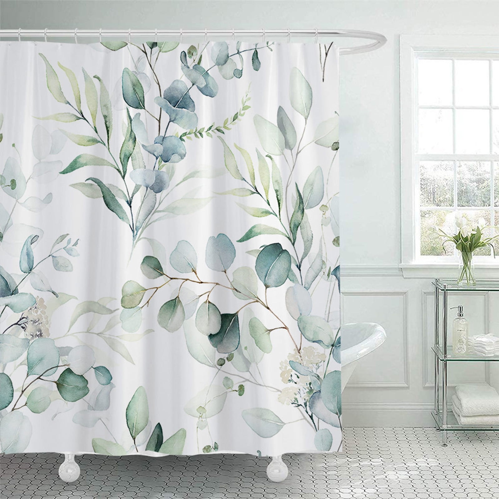 100Fens Green Floral Shower Curtain Modern Plants Botanical Fabric ...