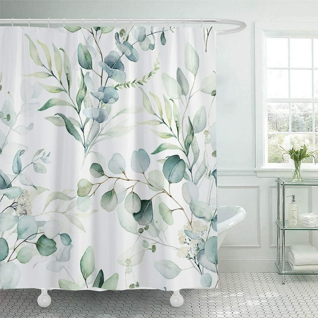 100Fens Green Floral Shower Curtain Modern Plants Botanical Fabric ...