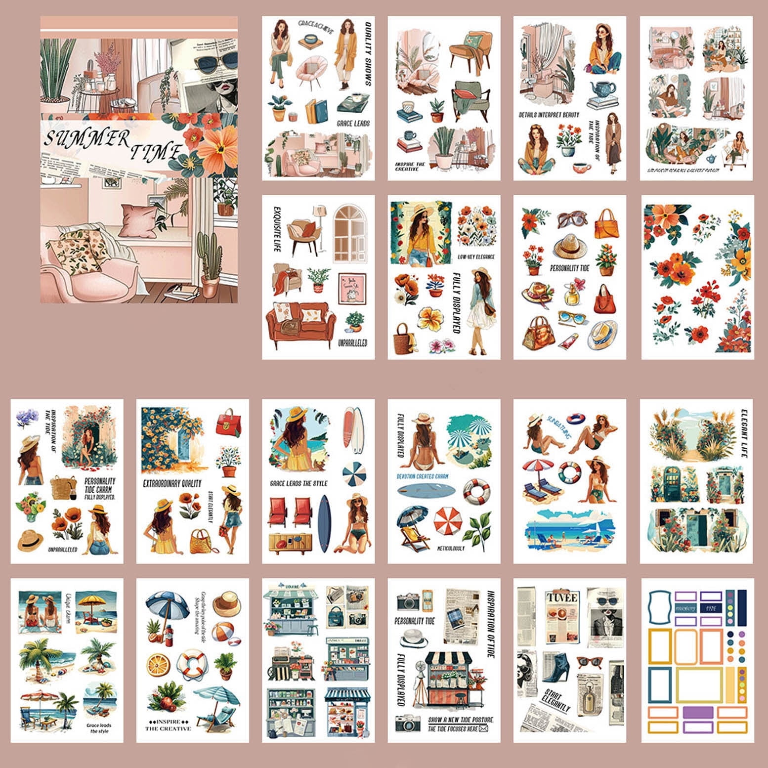 100Fens Pre-Cut Journaling Sticker Book 20 Sheets Fashion Women Coffee ...