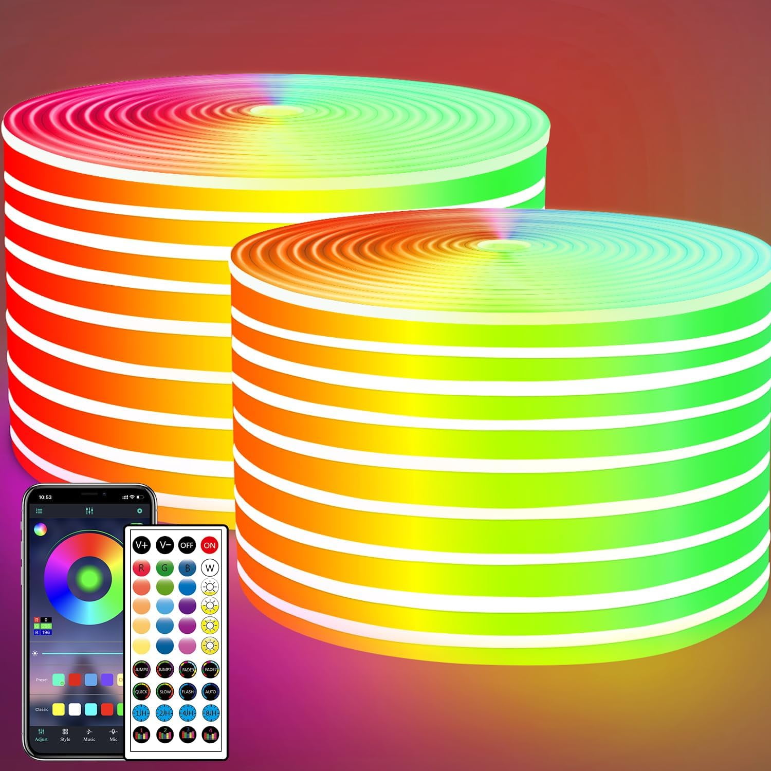 100Ft Led neon Rope Lights Music Sync IP65 Waterproof Flexible Led Rope ...