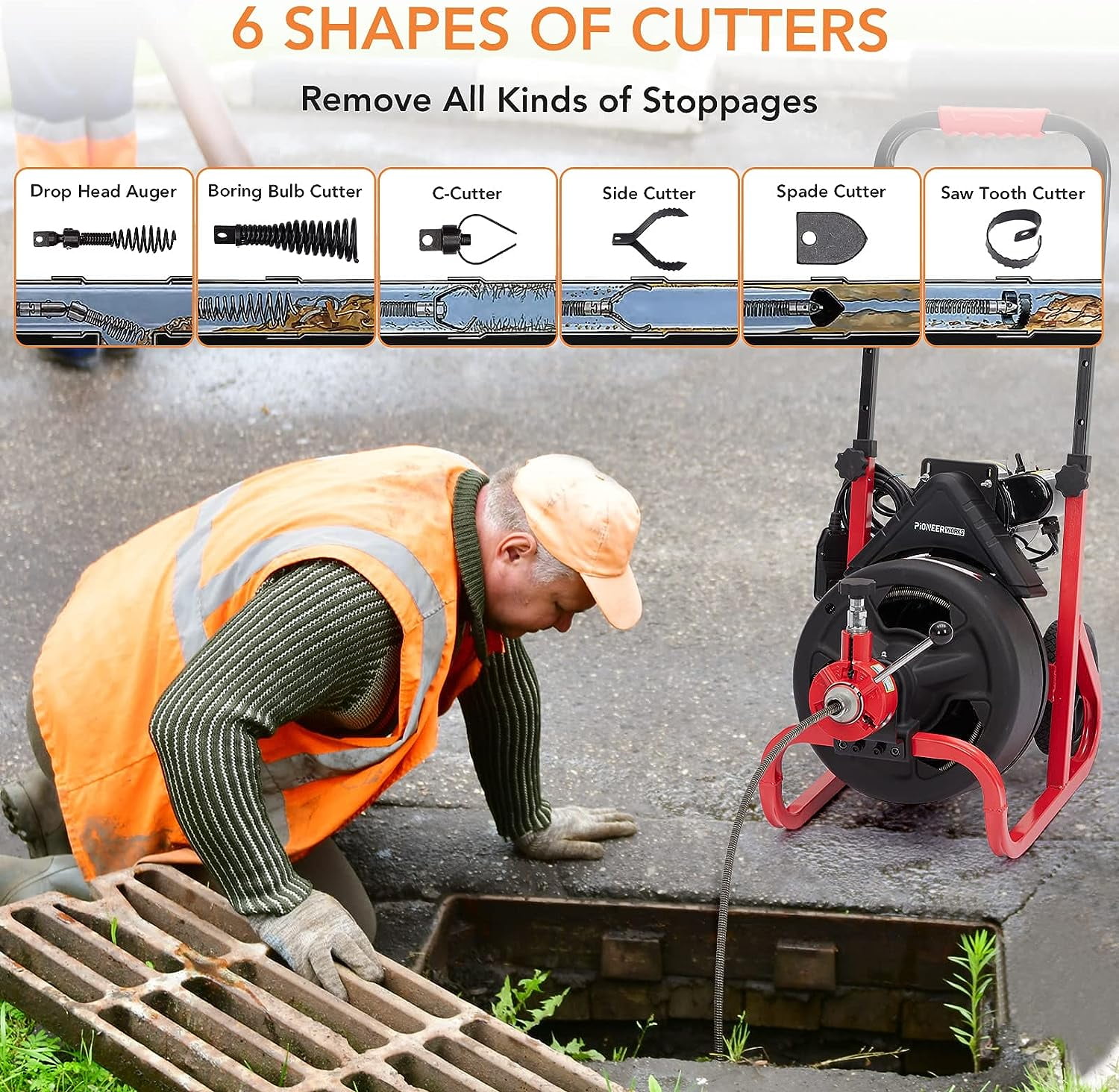 100Ft x 3/8In Drain Cleaning Machine, Auto Feed Sewer Snake with 6 ...