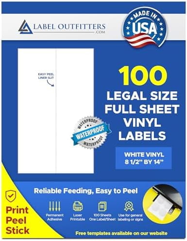 100Full Sheet Legal Size 8.5” x 14” White Laser Vinyl Weatherproof ...