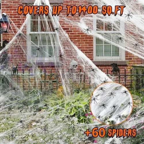 100G Halloween Spider Web With 60 Spiders - Giant Outdoor Scary Cobweb ...