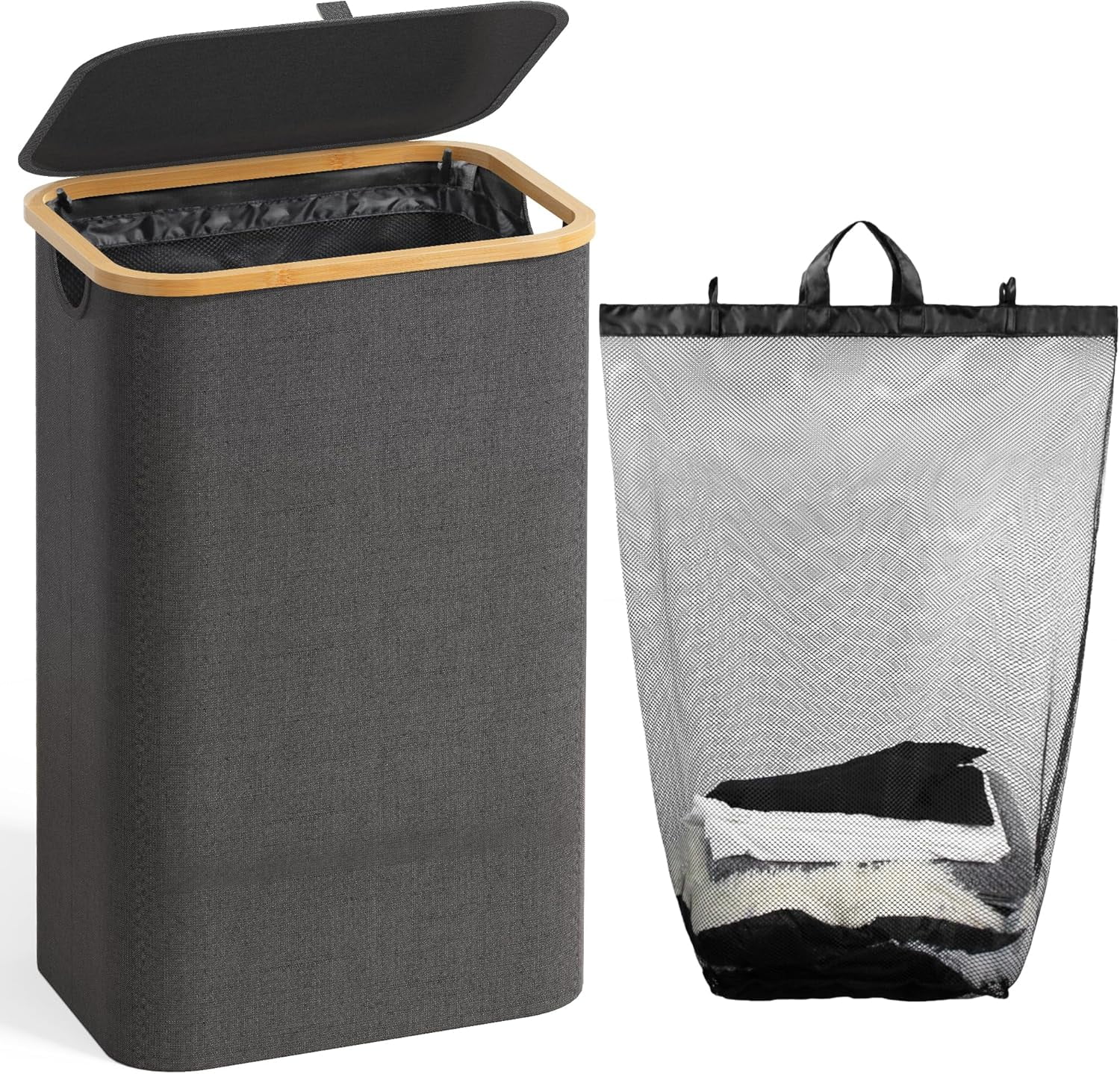 100L Laundry Hamper with Lid, Large Laundry Basket with Bamboo Handles ...