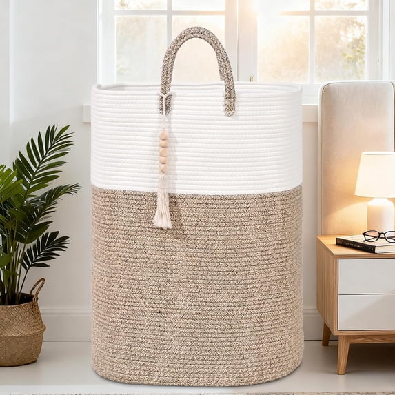 100L Rectangle Woven Laundry Basket, Tall Hamper with Bead Tassels ...