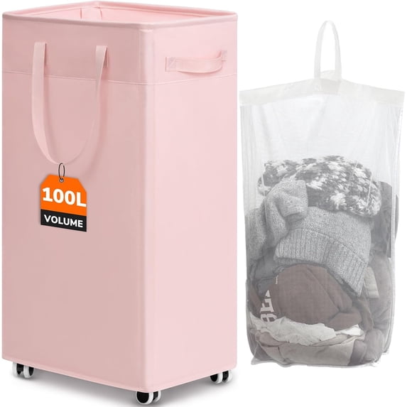 100L Slim Laundry Hamper with Wheels, Collapsible Rolling Laundry ...