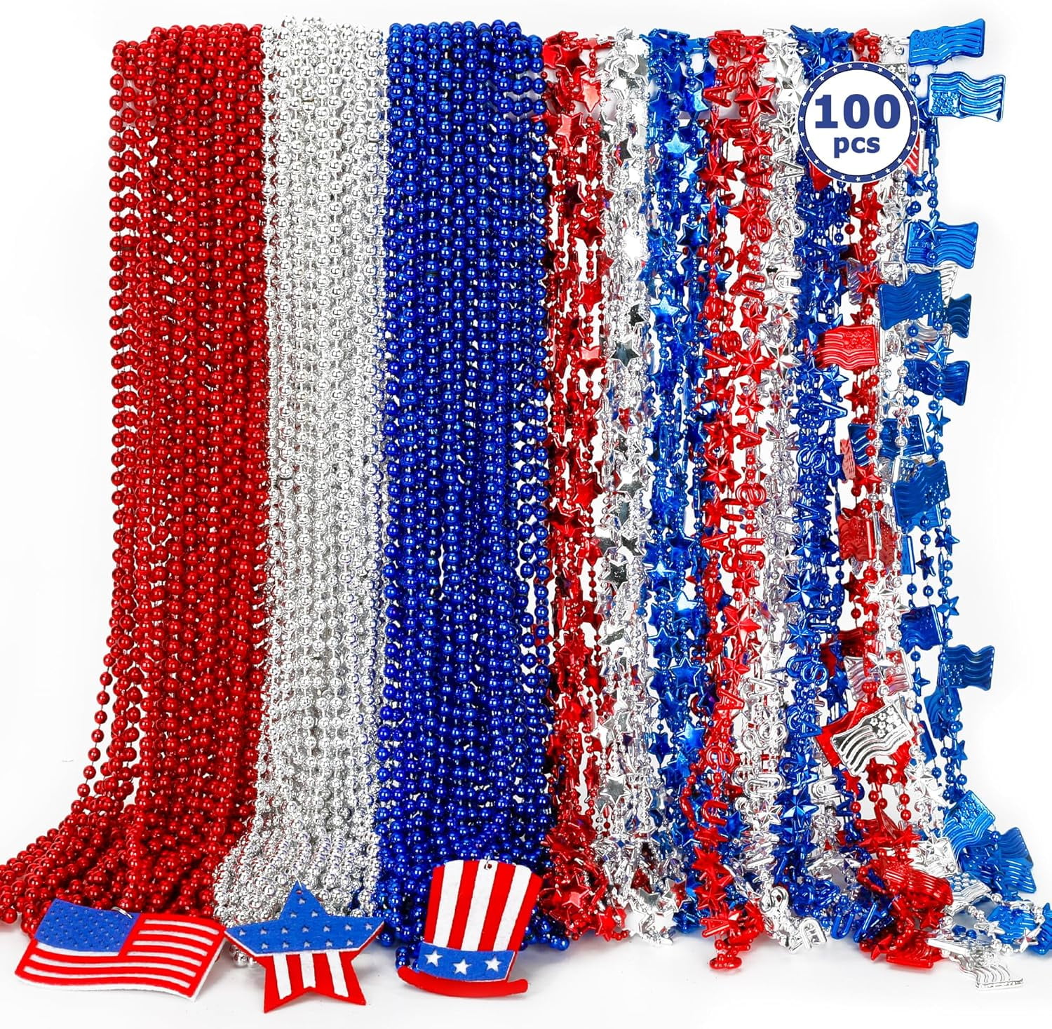100PCS 4th of July Necklace, 16 Kinds Fourth of July Beads Necklace Bulk, Independence Day Red ...