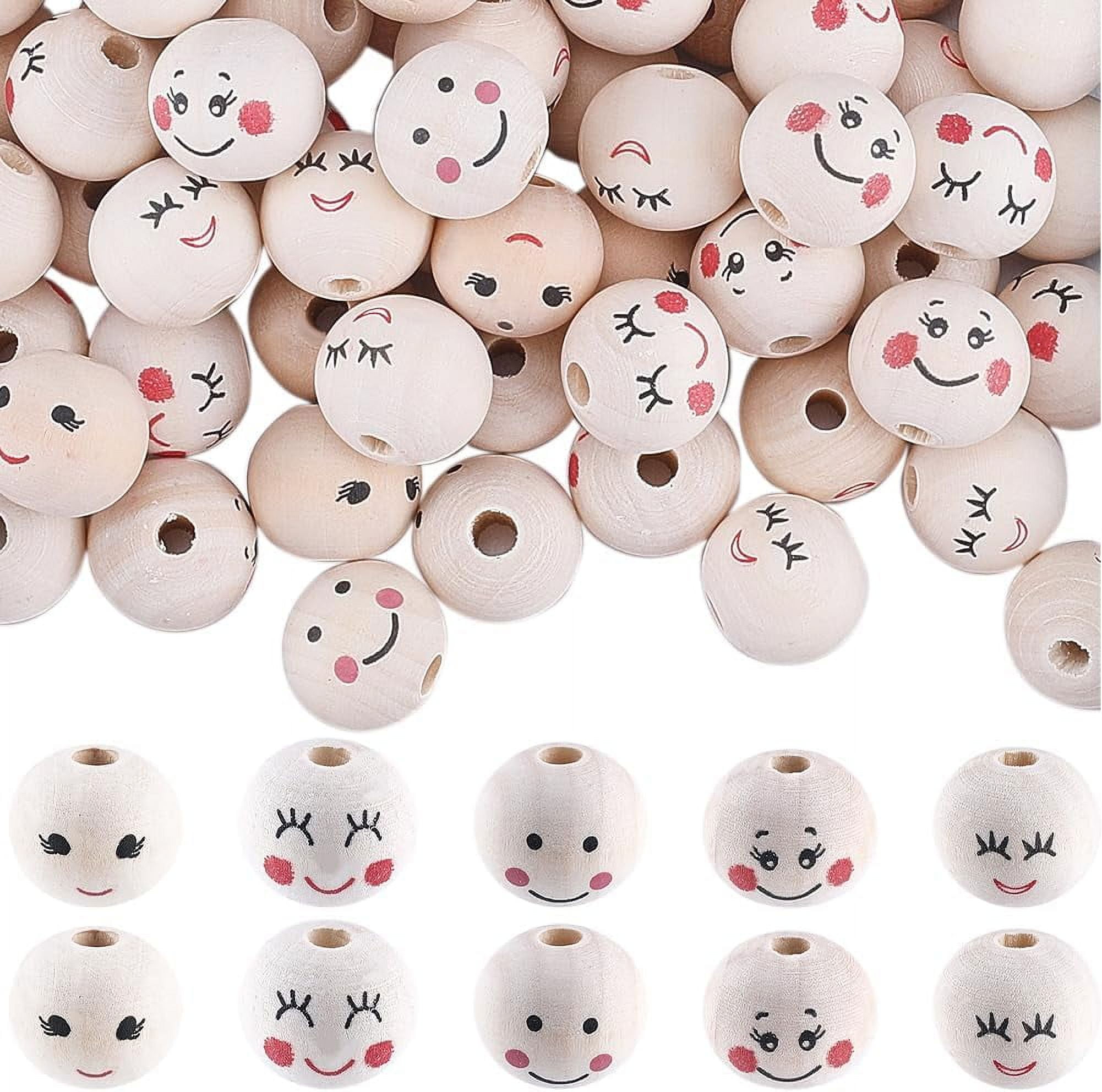 100PCS 5 Styles Face Wooden Beads 20MM Large Round Natural Large Bulk ...