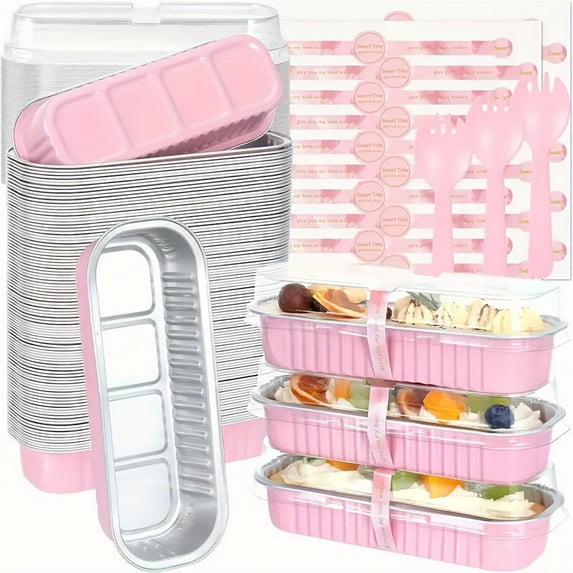 100PCS 6.8oz Pink Mini Loaf Pans with Lids & Spoons - Rectangular ...
