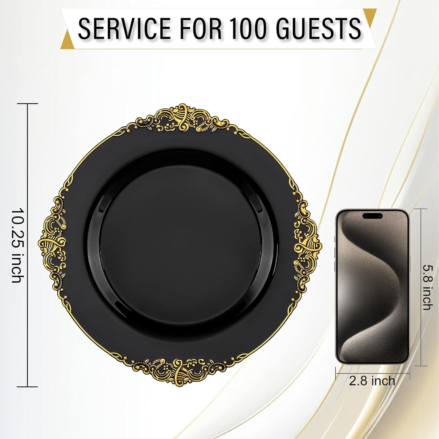 100PCS Black and Gold Plastic Plates - 10.25Inch Black Disposable ...