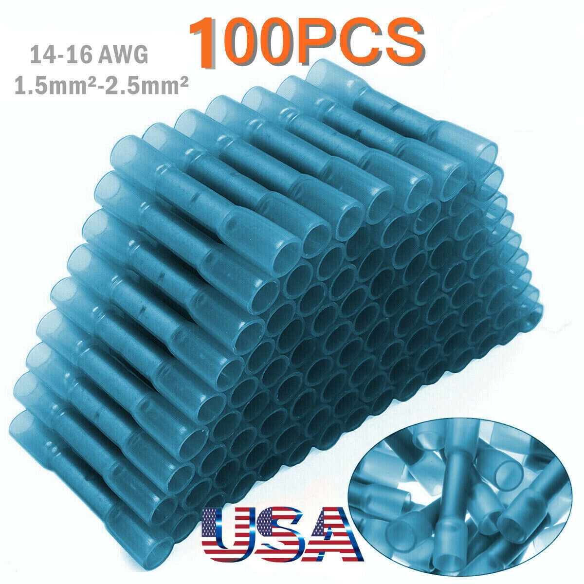 100PCS Blue Heat Shrink Butt Connectors Wire 14-16 Gauge Waterproof ...