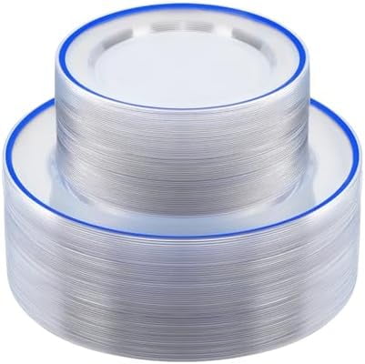 100PCS Blue and Clear Plastic Plates, Disposable Plate Set with 50 ...