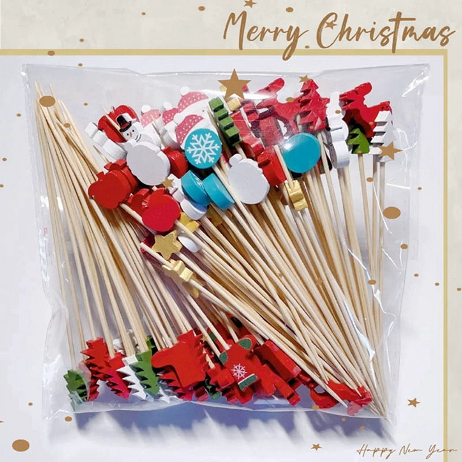 100PCS Christmas Disposable Bamboo Stick Cake Salad Fruit Food ...