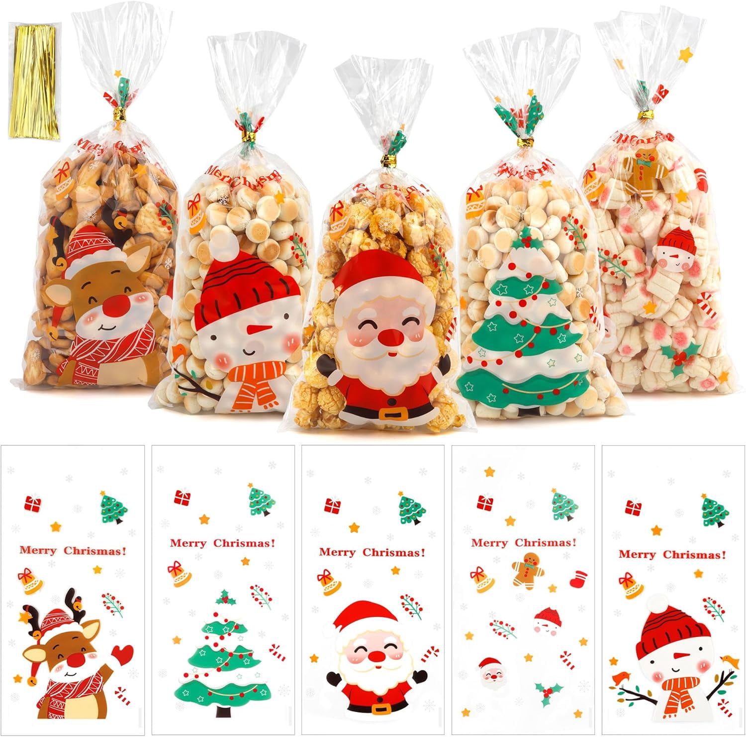 100PCS Christmas Treat Bags - Cellophane Candy Bags with Ties for ...