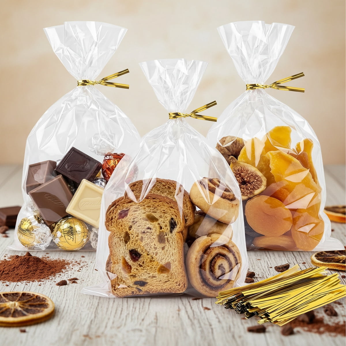 100PCS Clear Cellophane Treat Bags, Plastic Cookie Candy Goodie Gift ...